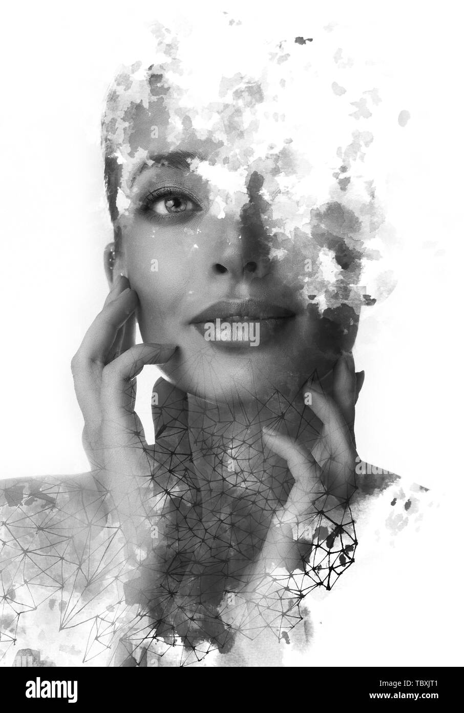 Double exposure. Paintography. Portrait of a beautiful young female ...