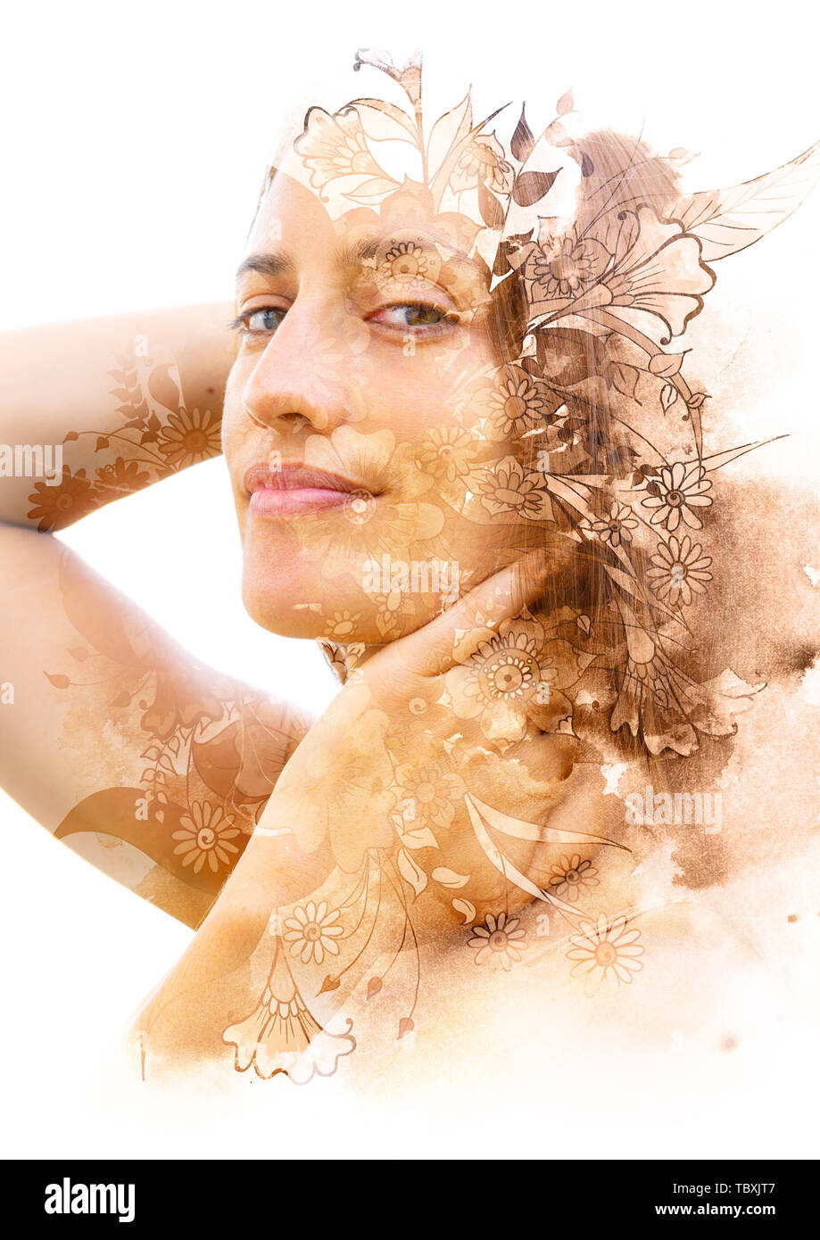Double exposure. Paintography. Portrait of a beautiful young female ...
