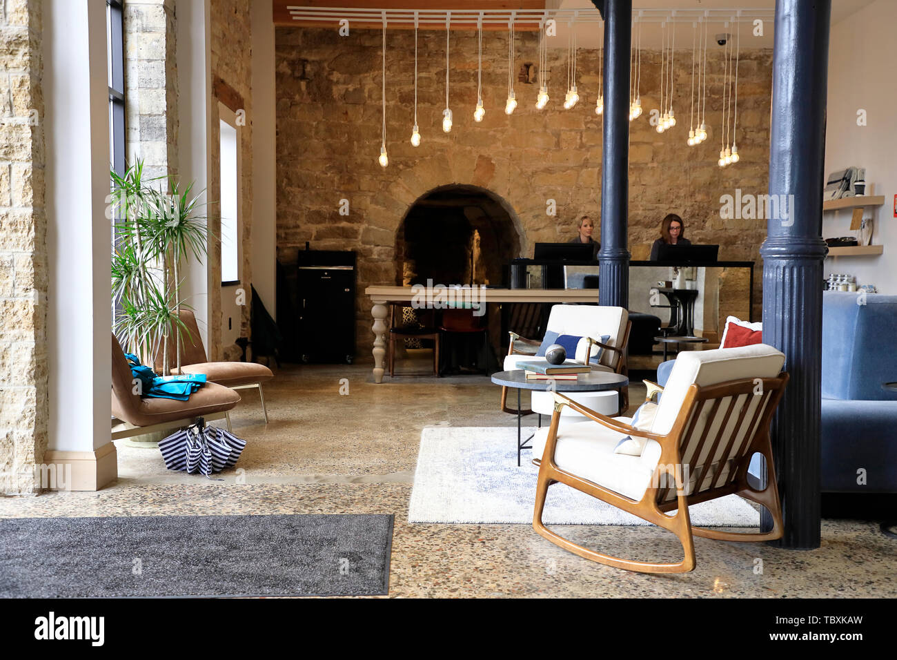 Interior view of lobby and reception of Hotel LoRa in Stillwater ...