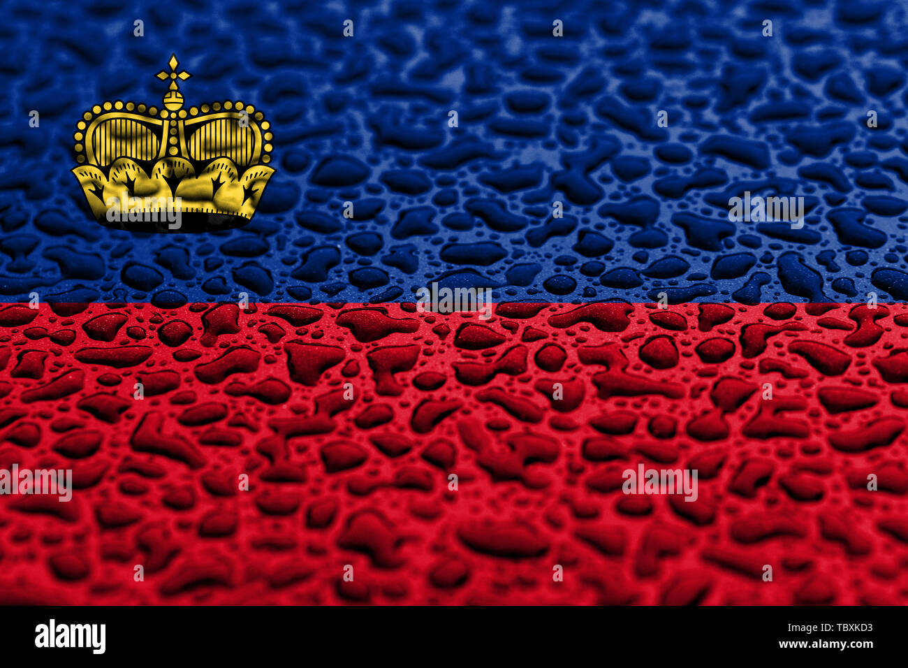 National flag of Liechtenstein made of water drops. Background forecast ...