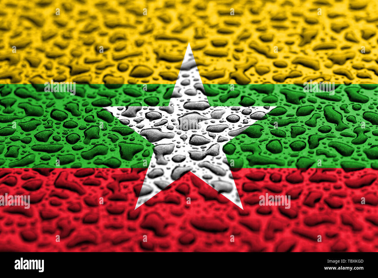 National flag of Myanmar made of water drops. Background forecast ...