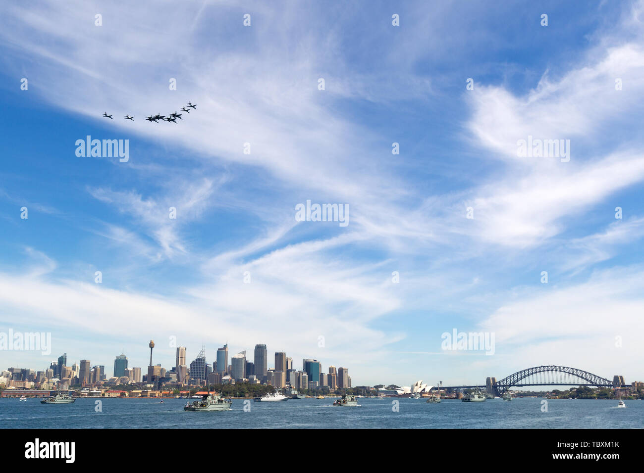 Formation of eight Royal Australian Air Force (RAAF) aircraft flying ...
