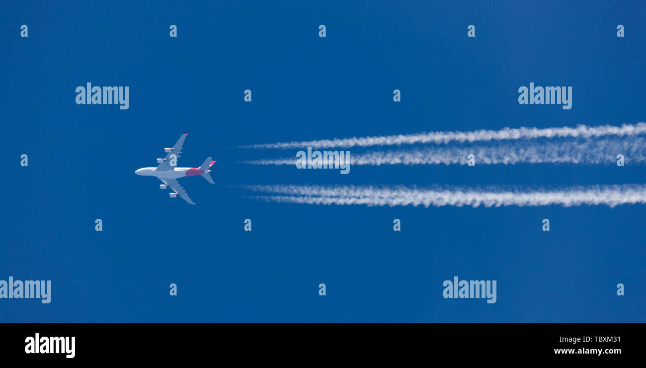 Qantas Airbus A380 Airliner flying at high altitude with large ...