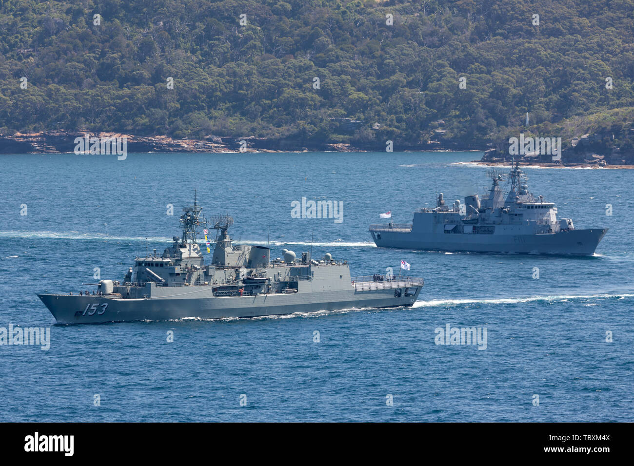 HMAS Stuart (FFH 153) Anzac-class frigate of the Royal Australian Navy departing Sydney Harbor ...