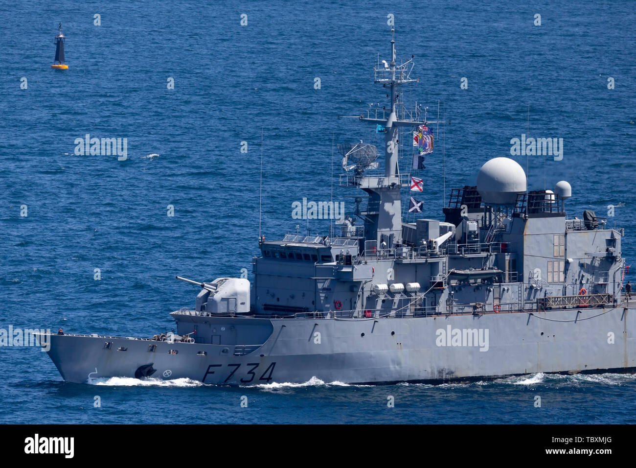 French Navy (Marine Nationale) frigate FNS Vendemiaire (F734) departing Sydney Harbor Stock ...