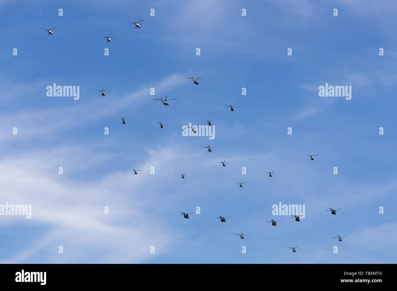 Mass formation of 26 Australian Military helicopters flying over Sydney ...