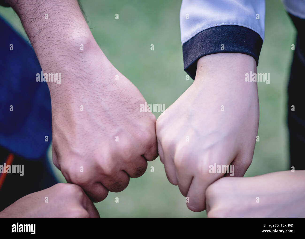 Four hand together in business meeting for team concept Stock Photo - Alamy