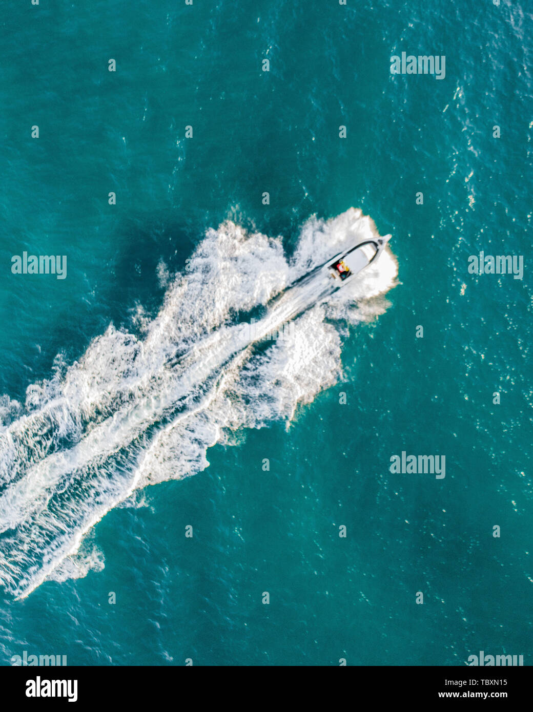 Aerial view of a fast boat in the beautiful blue ocean in Australia ...