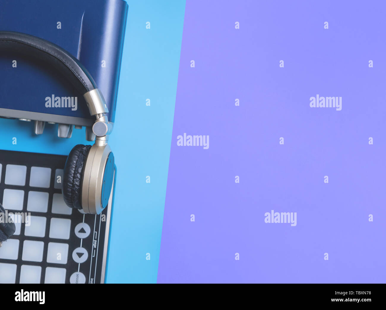 Computer Music Home setup recording equipment studio top view flat lay ...