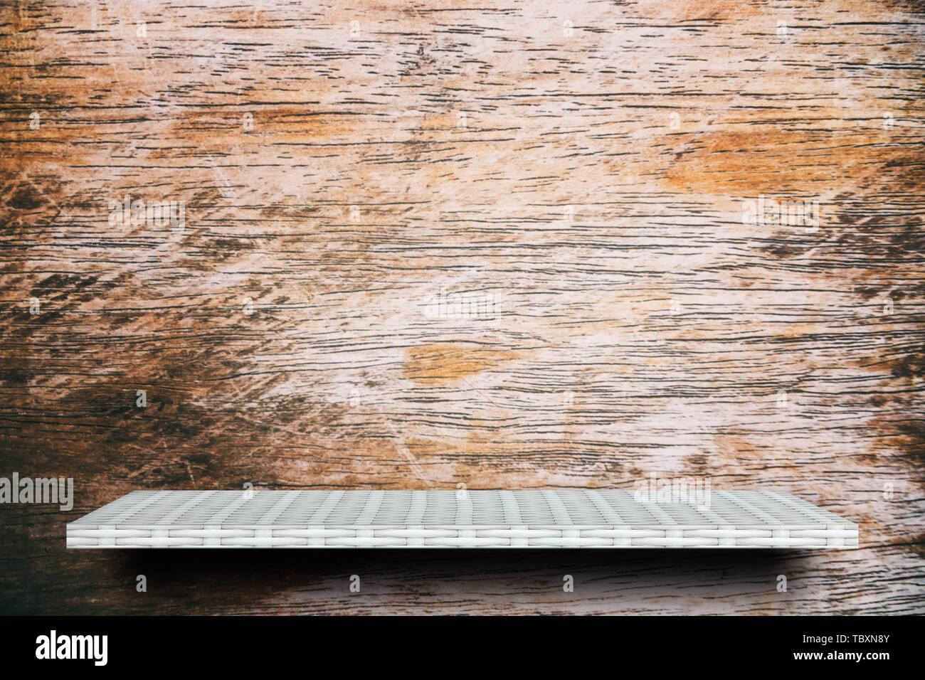 empty white shelf on wooden background for product display Stock Photo ...