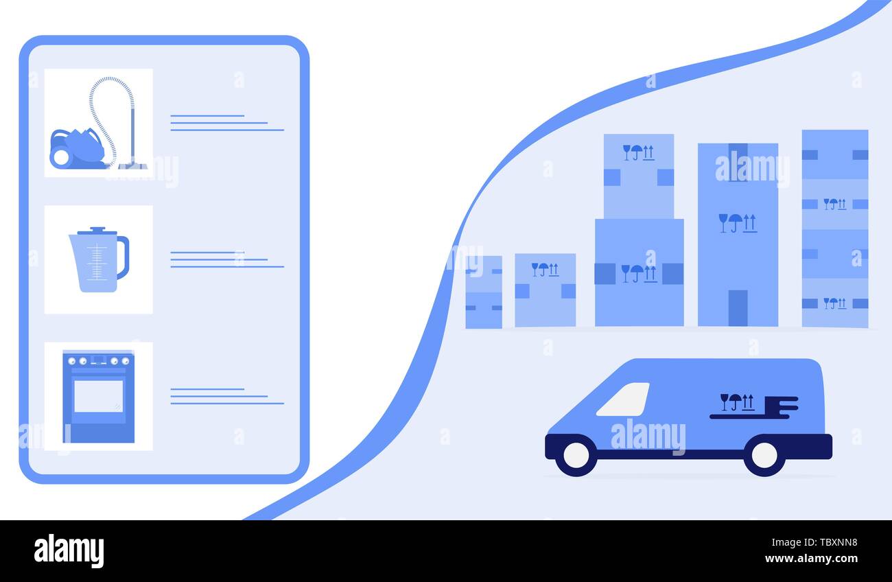 Vector illustration with order goods online. Warehouse, delivery. Cargo ...