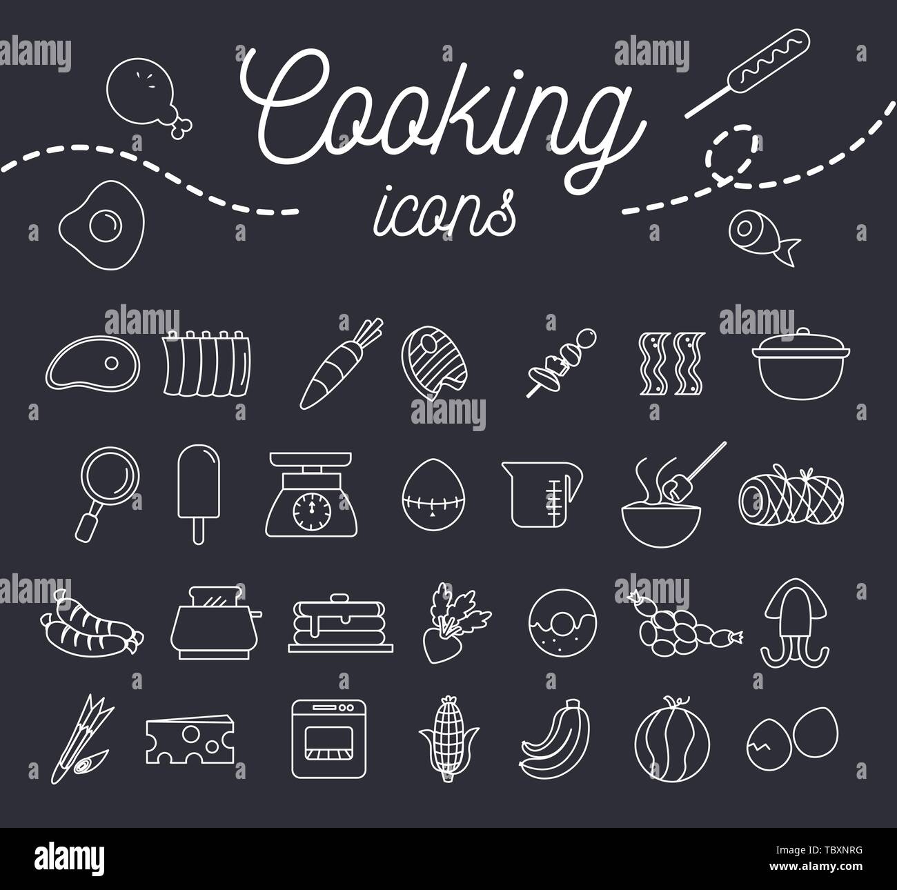 Cooking icon set with dessert fruit and equipment illustration.vector ...