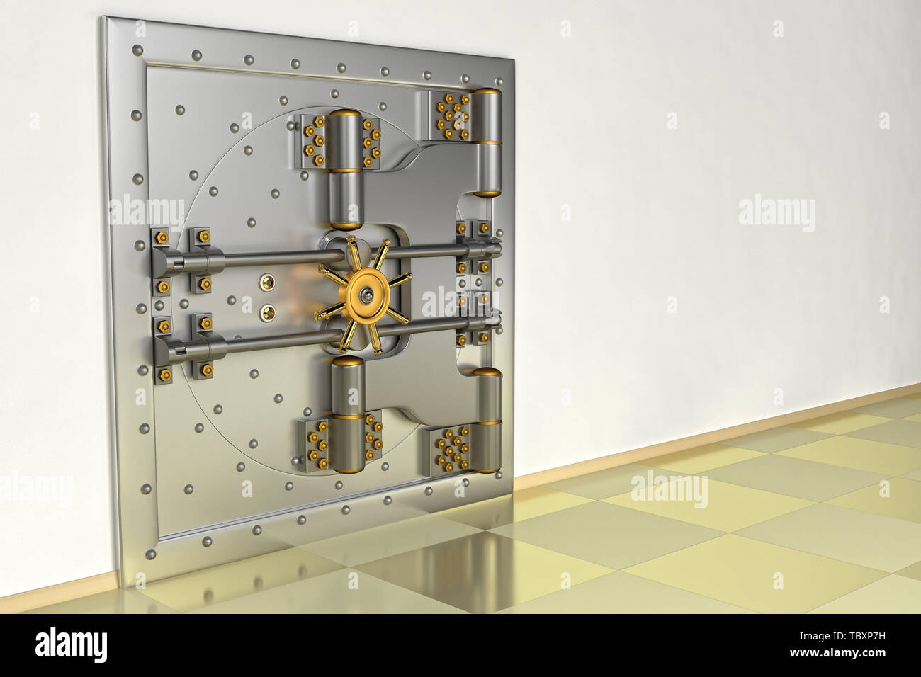 Front view of light gold bank vault door, closed. The door to the bank ...