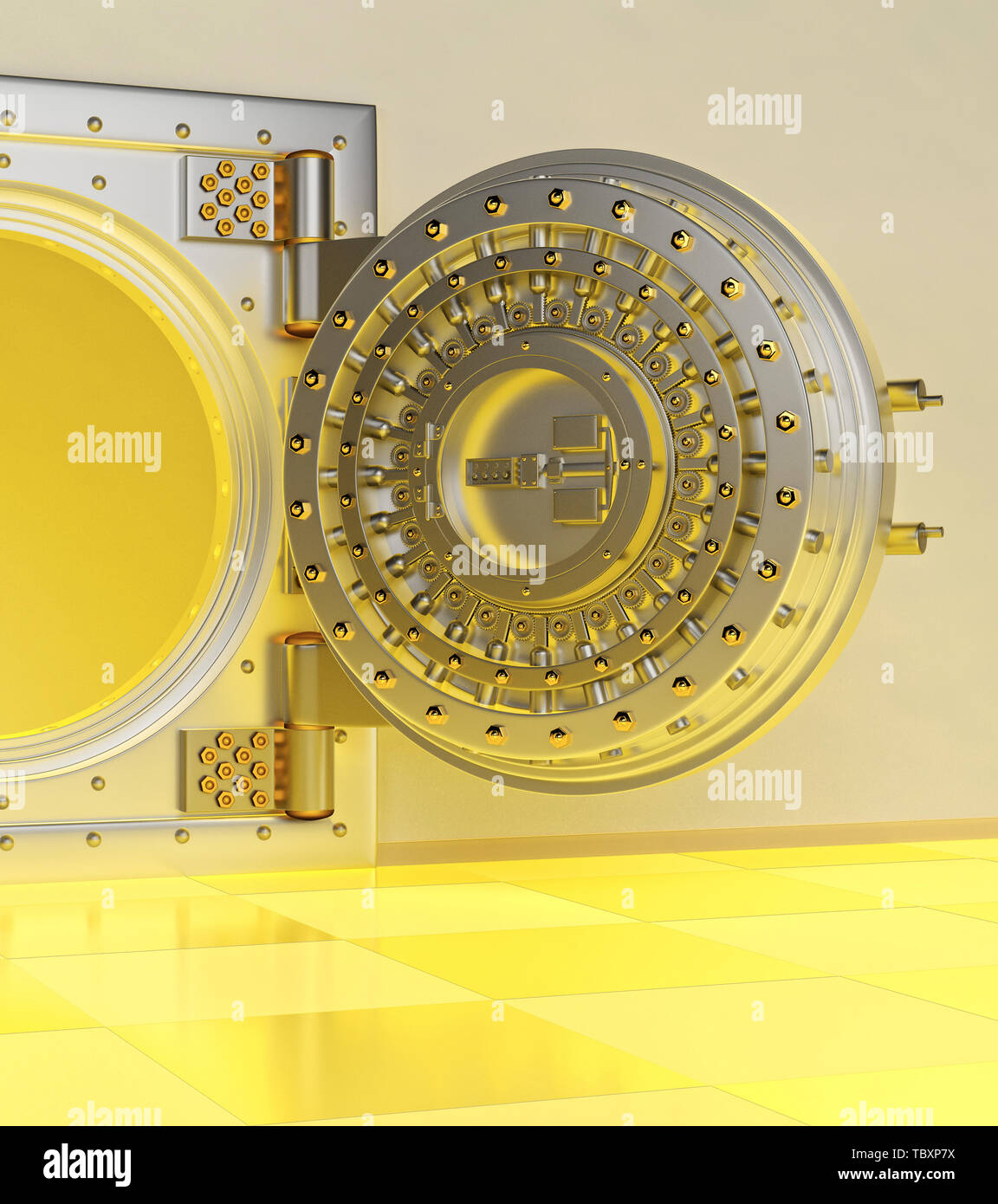 Front view of light gold bank vault door, closed. The door to the bank ...