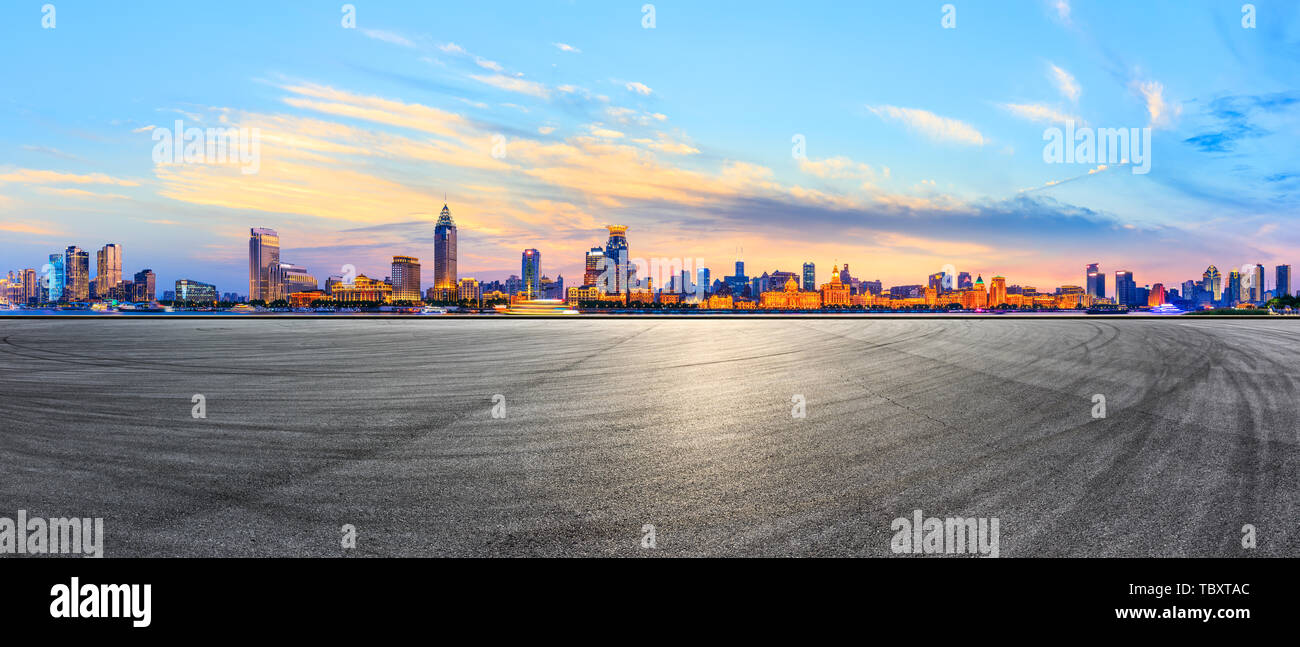 Shanghai bund city skyline and empty asphalt road ground at night Stock ...