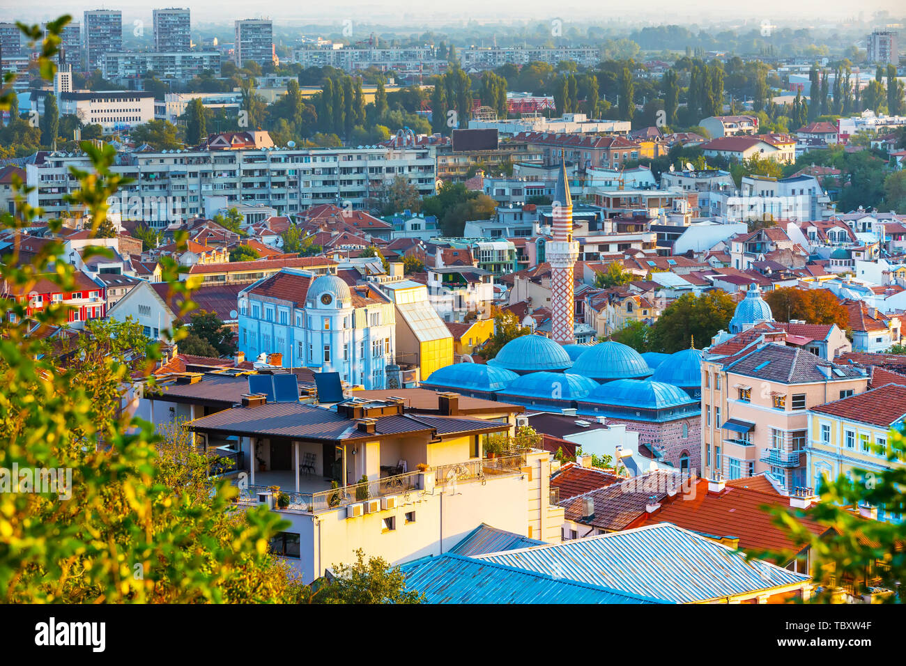 Plovdiv aerial skyline panorama, Bulgaria with Djumaya mosque tower and ...