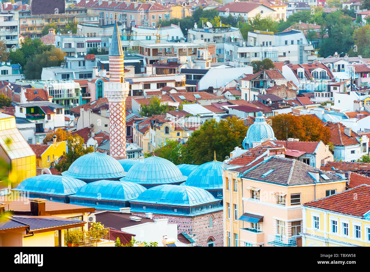 Plovdiv aerial skyline panorama, Bulgaria with Djumaya mosque tower and ...