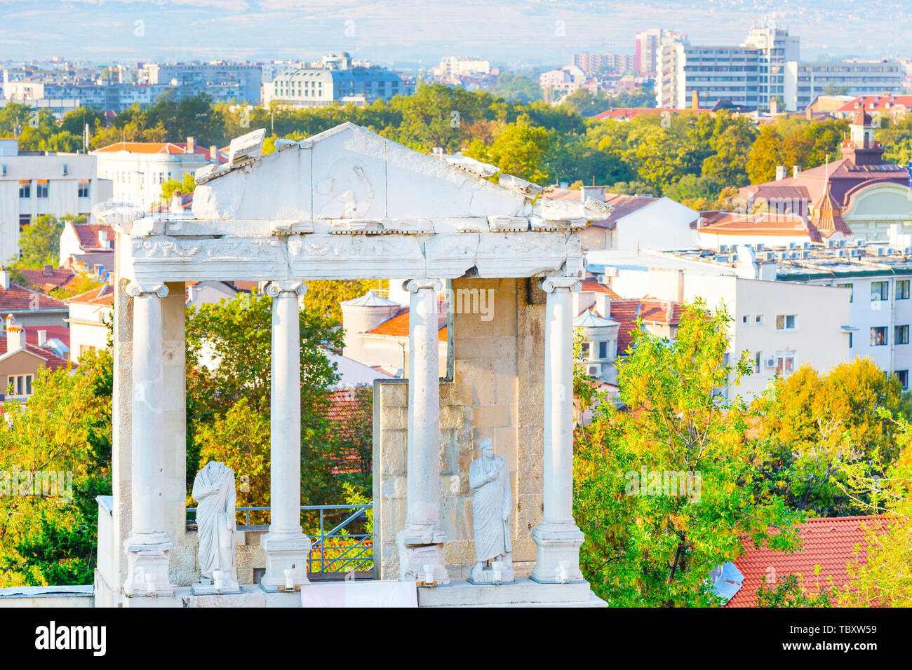 Plovdiv, Bulgaria panoramic background with statue, column and fragment ...