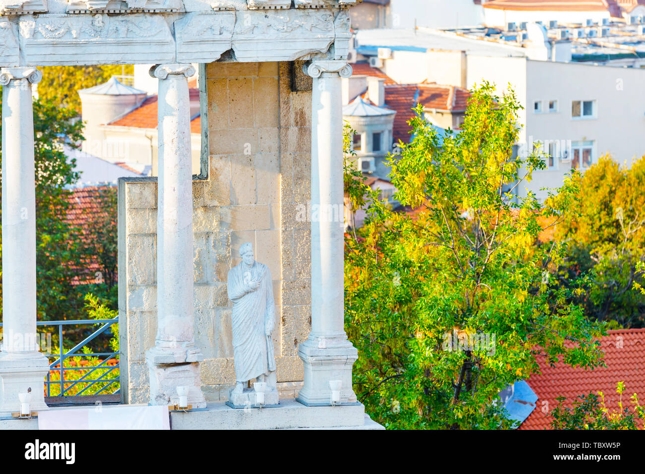 Plovdiv, Bulgaria panoramic background with statue, column and fragment ...