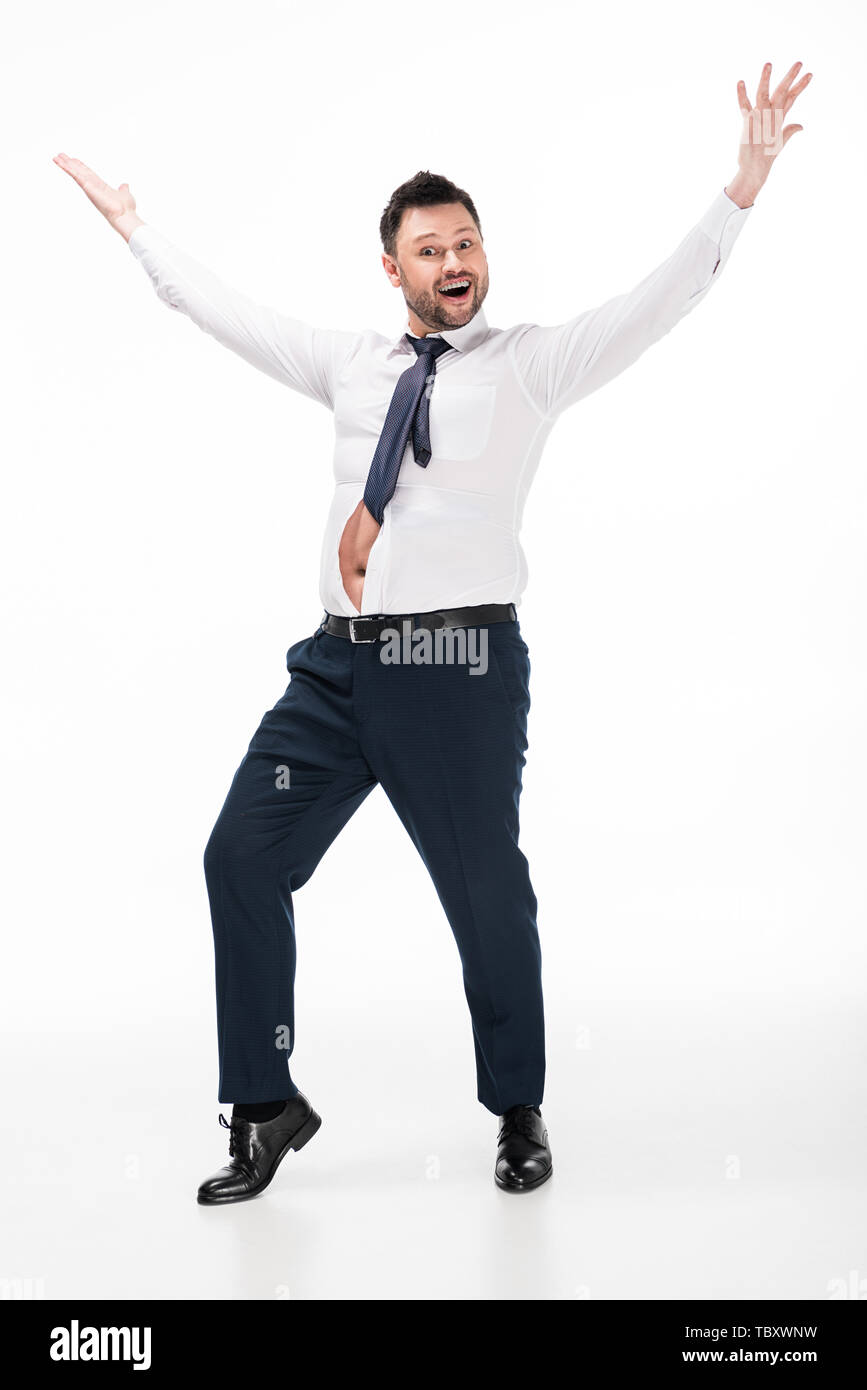 happy overweight man in tight formal wear with outstretched hands on ...