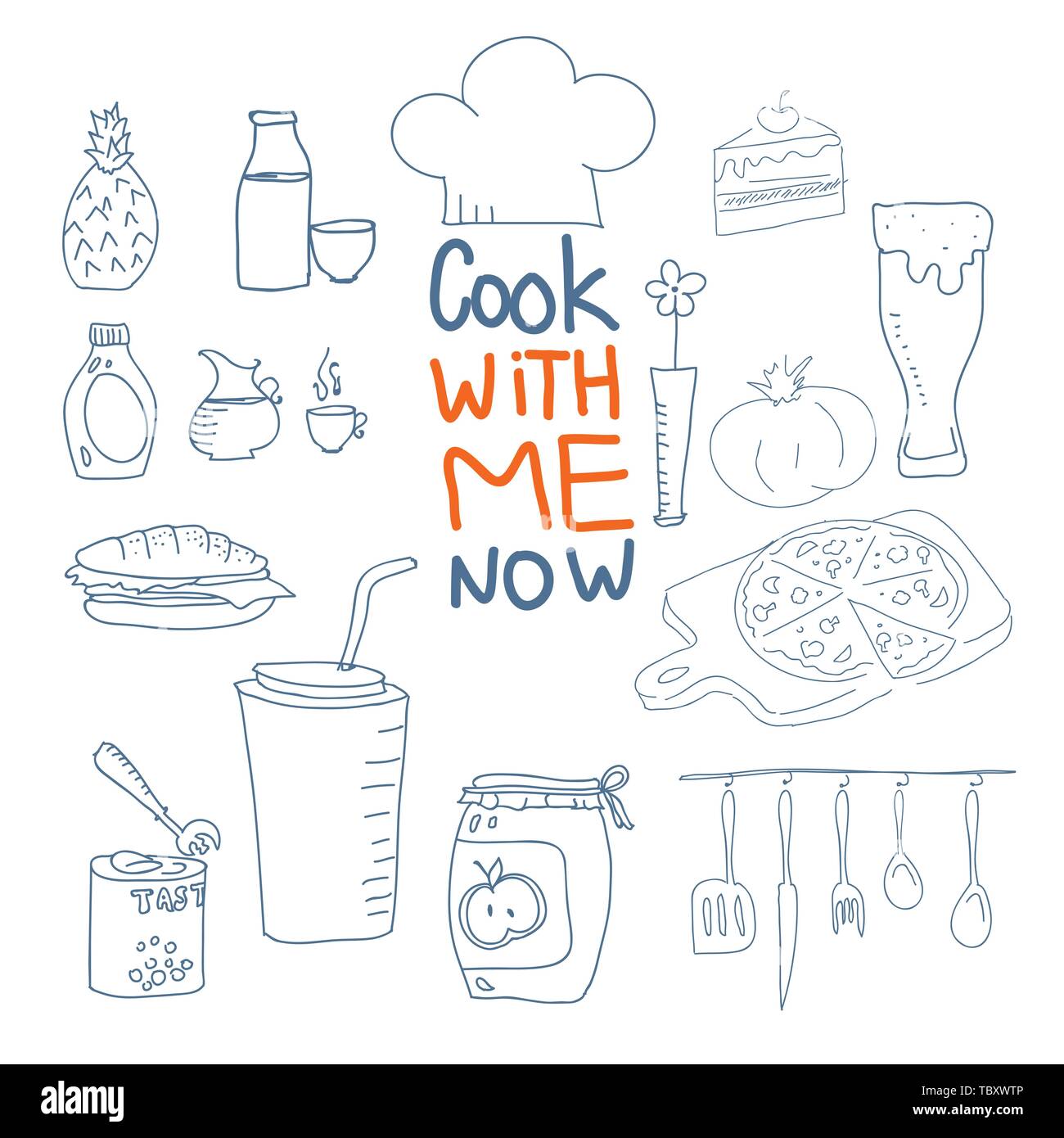 Cook with me now.Vector doodle style illustration for your kitchen. Set ...