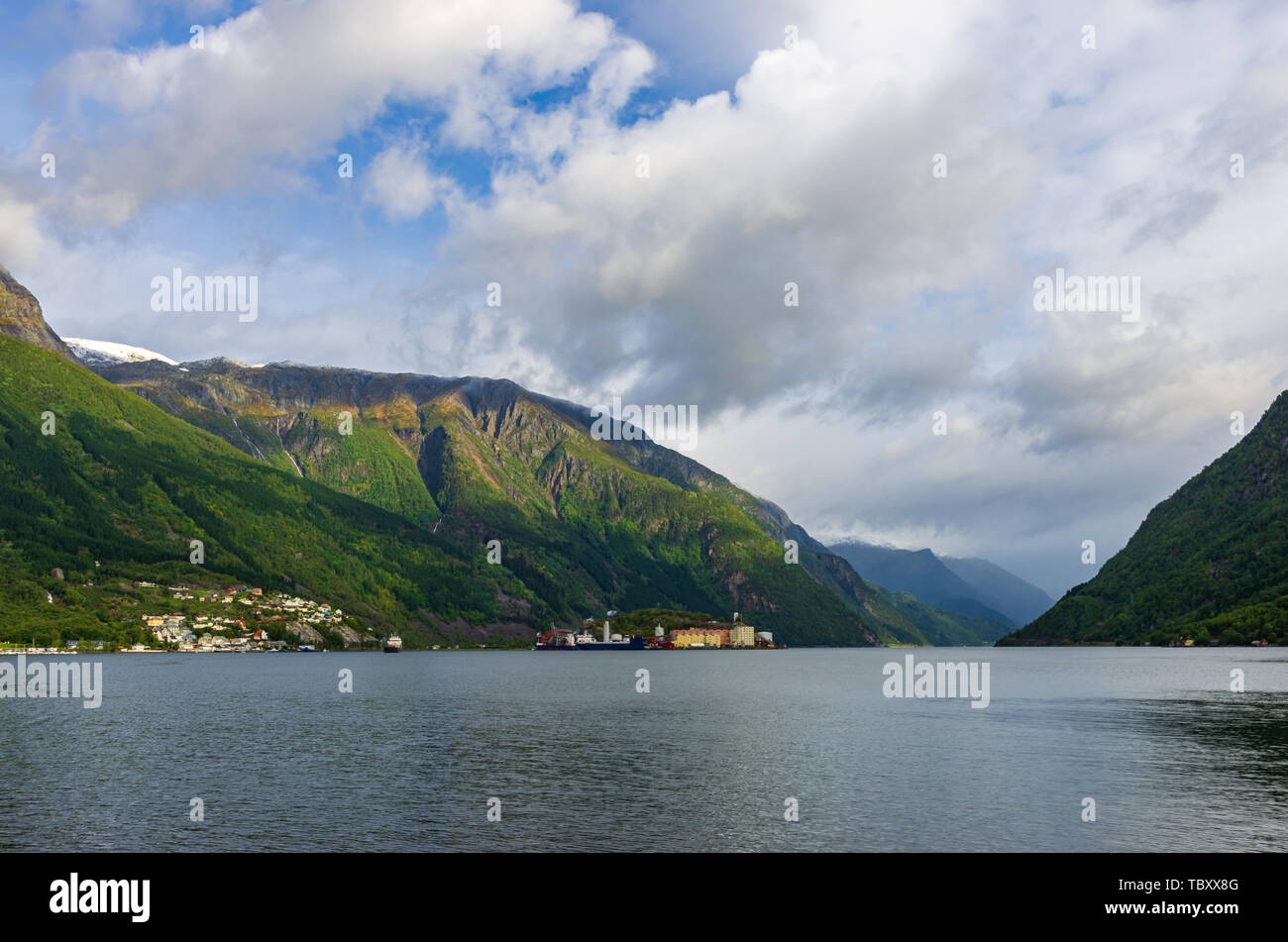 Landscape of the Hardanger fjord seen from the village of Odda, with a ...