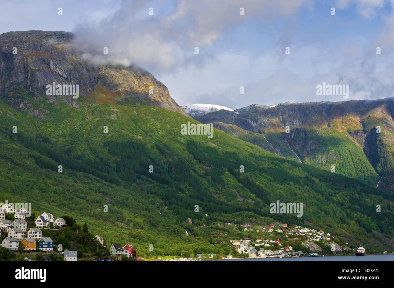 Landscape of the Hardanger fjord seen from the village of Odda, with a ...