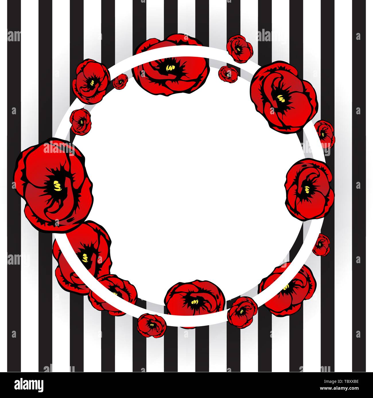 Poppies circle label, flyer template for web and print with striped ...