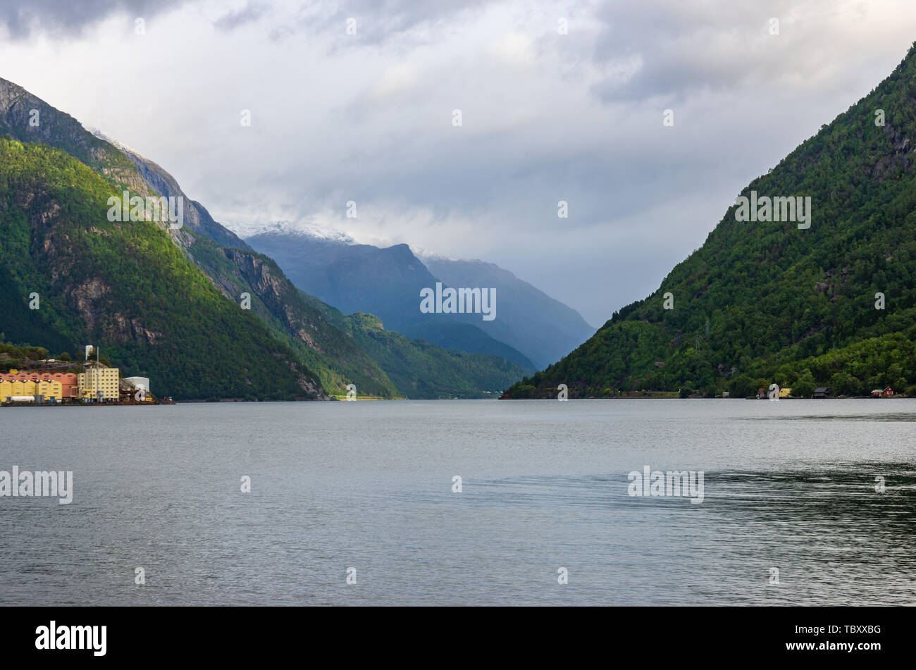 Landscape of the Hardanger fjord seen from the village of Odda, with a ...