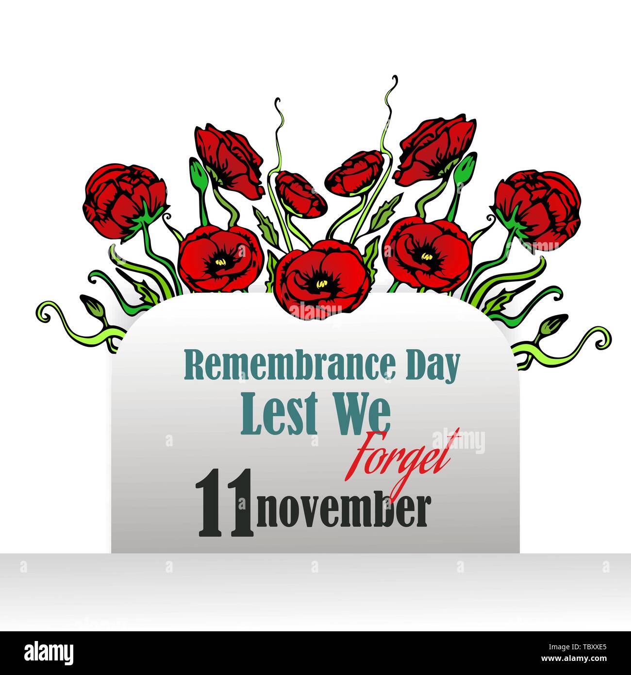 Remembrance day card with red poppies, lest we forget, memorial day ...