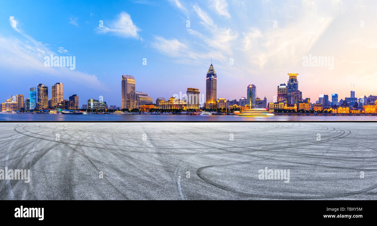 Shanghai bund city skyline and empty asphalt road ground at night Stock ...
