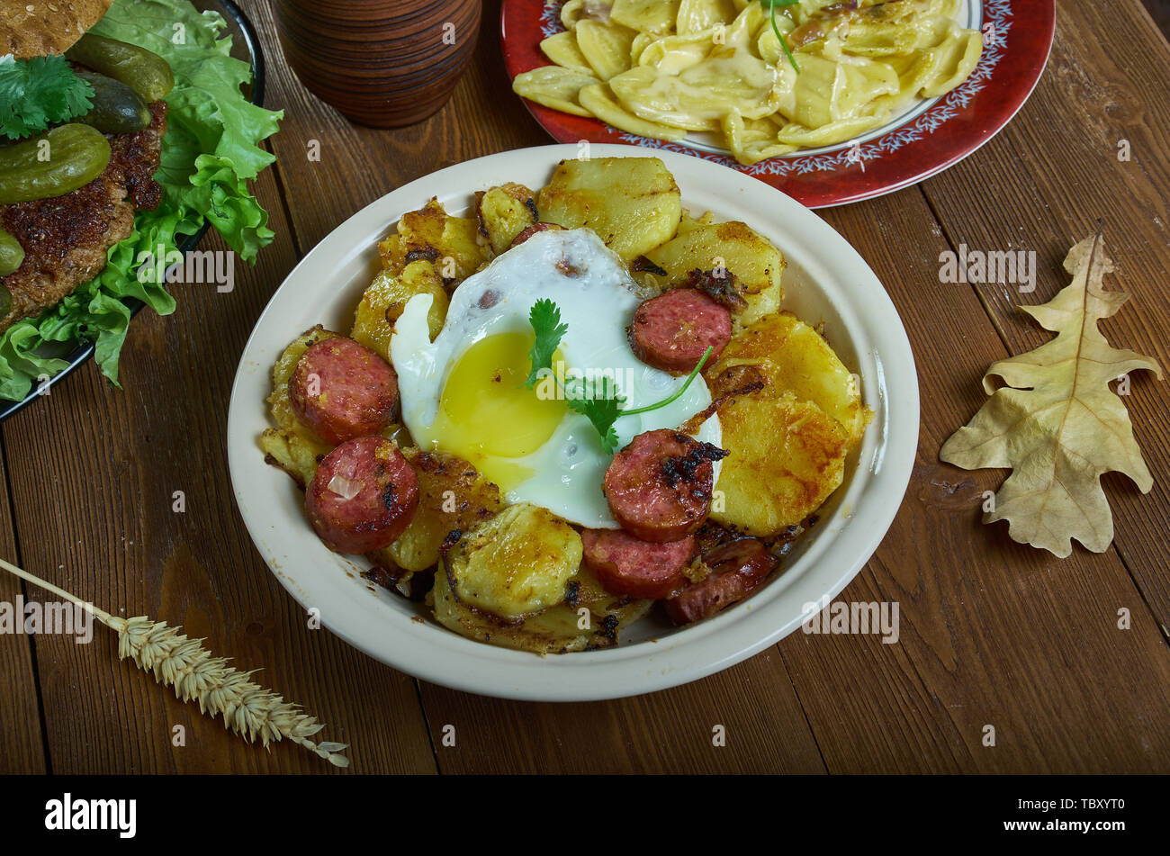 Tiroler Grostl, fried potatoes , bacon and onion. Austrian national ...