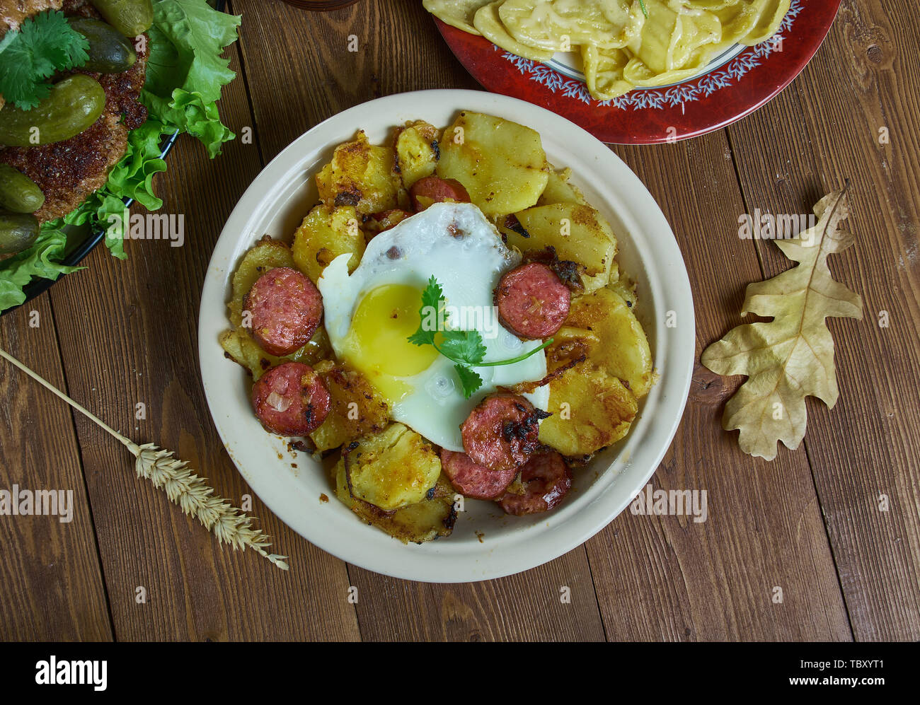 Tiroler Grostl, fried potatoes , bacon and onion. Austrian national ...