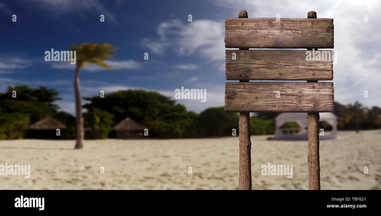 Wooden Board Sign at Sandy Beach at Tropical Island. Summer Vacation ...