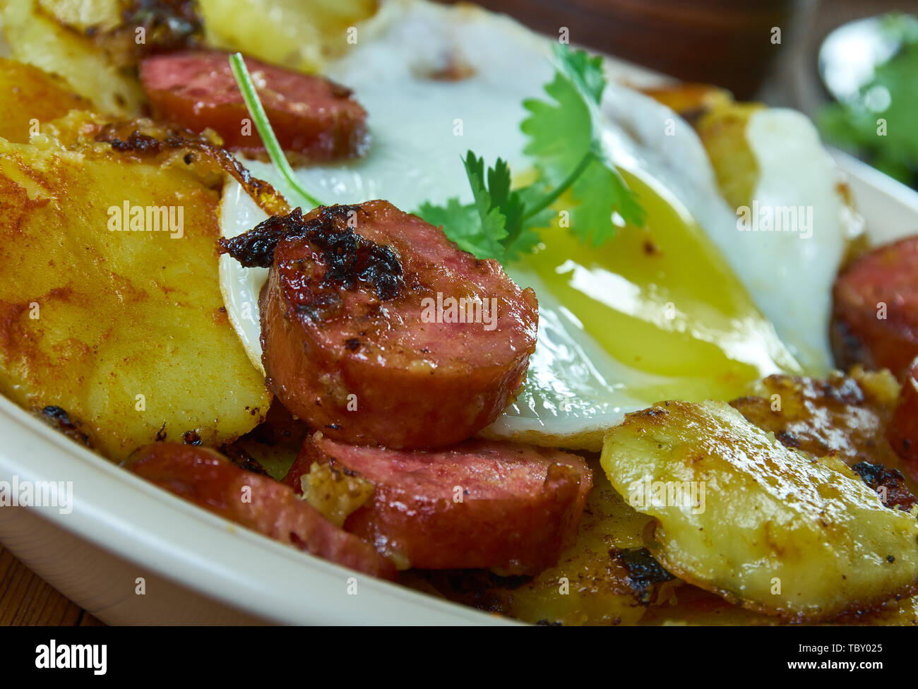 Tiroler Grostl, fried potatoes , bacon and onion. Austrian national ...
