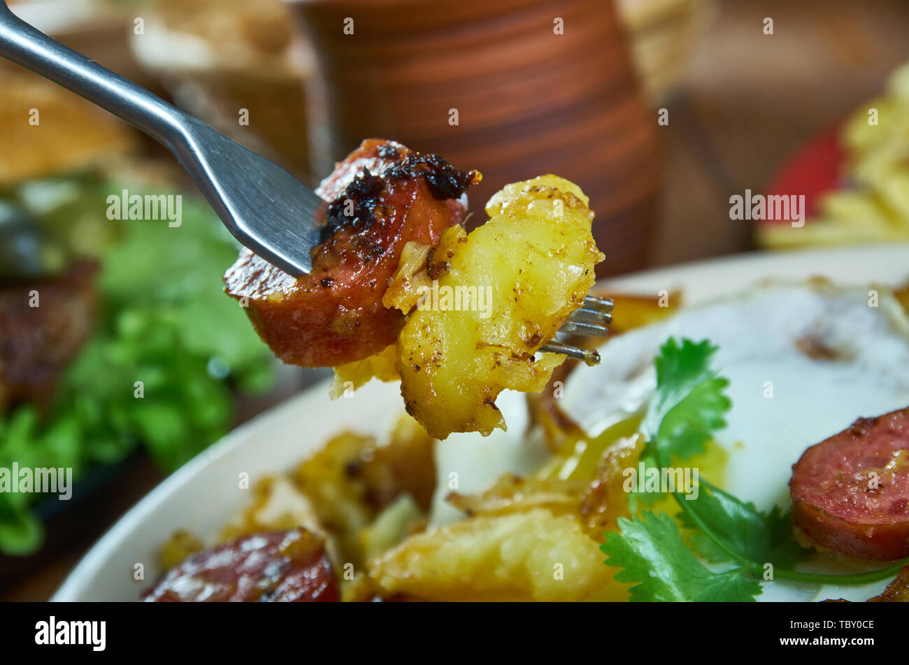 Tiroler Grostl, fried potatoes , bacon and onion. Austrian national ...