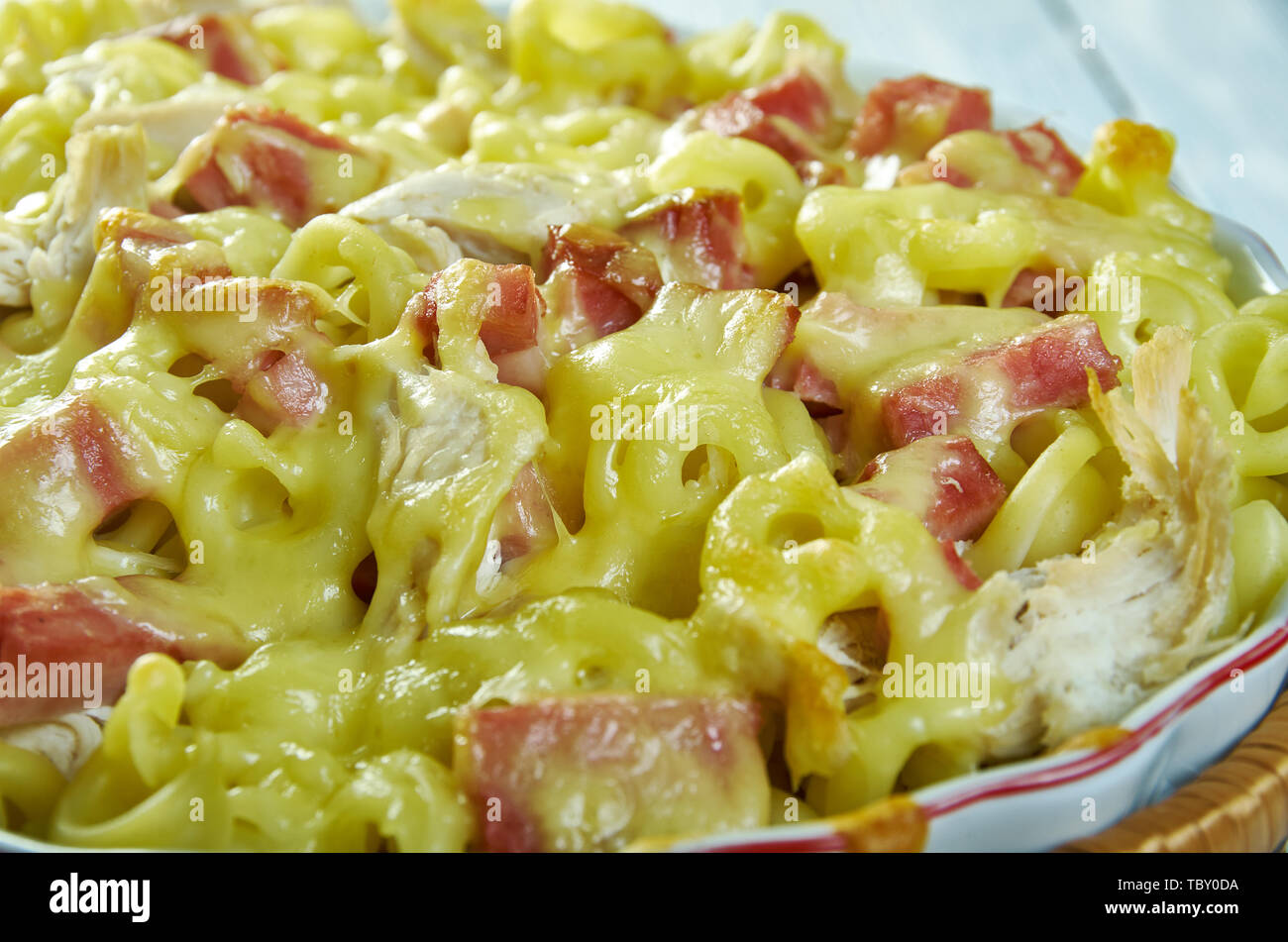 Chicken Cordon Bleu Casserole, shredded chicken, ham, and swiss in a ...