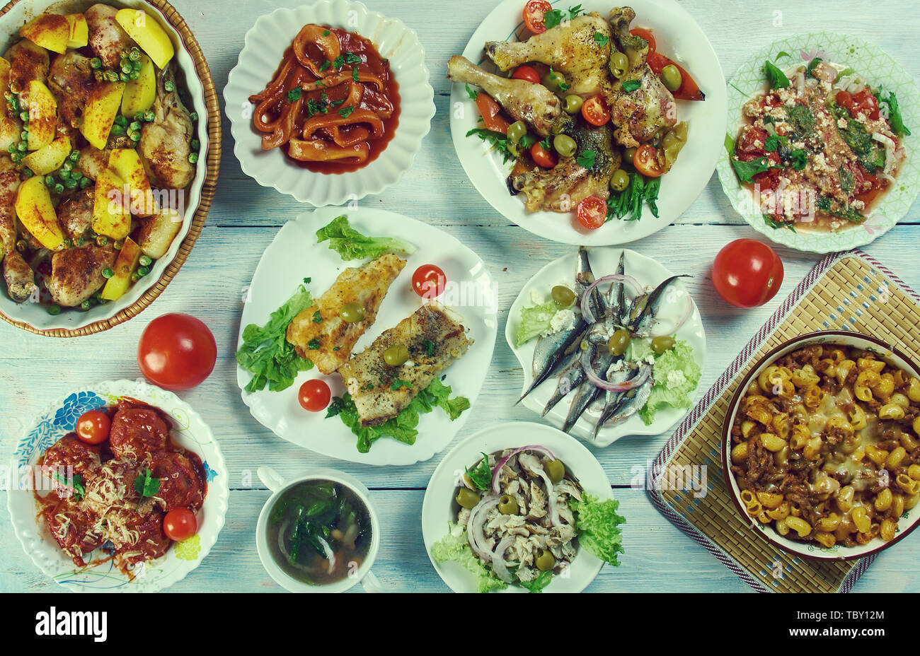 Italian-American cuisine, Traditional assorted dishes, Top view Stock ...