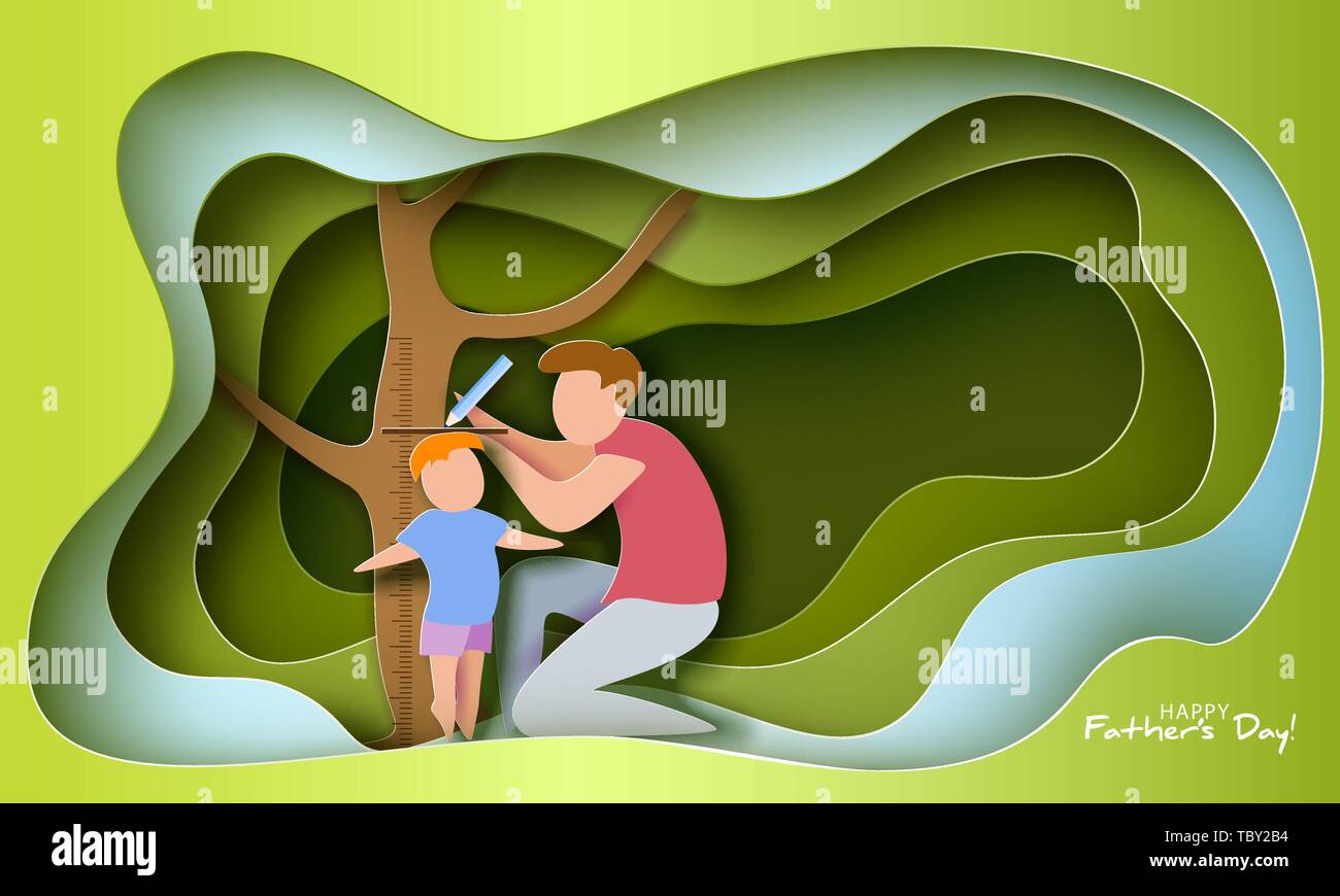 Father measures the growth of his son. Happy father s day card. Paper ...