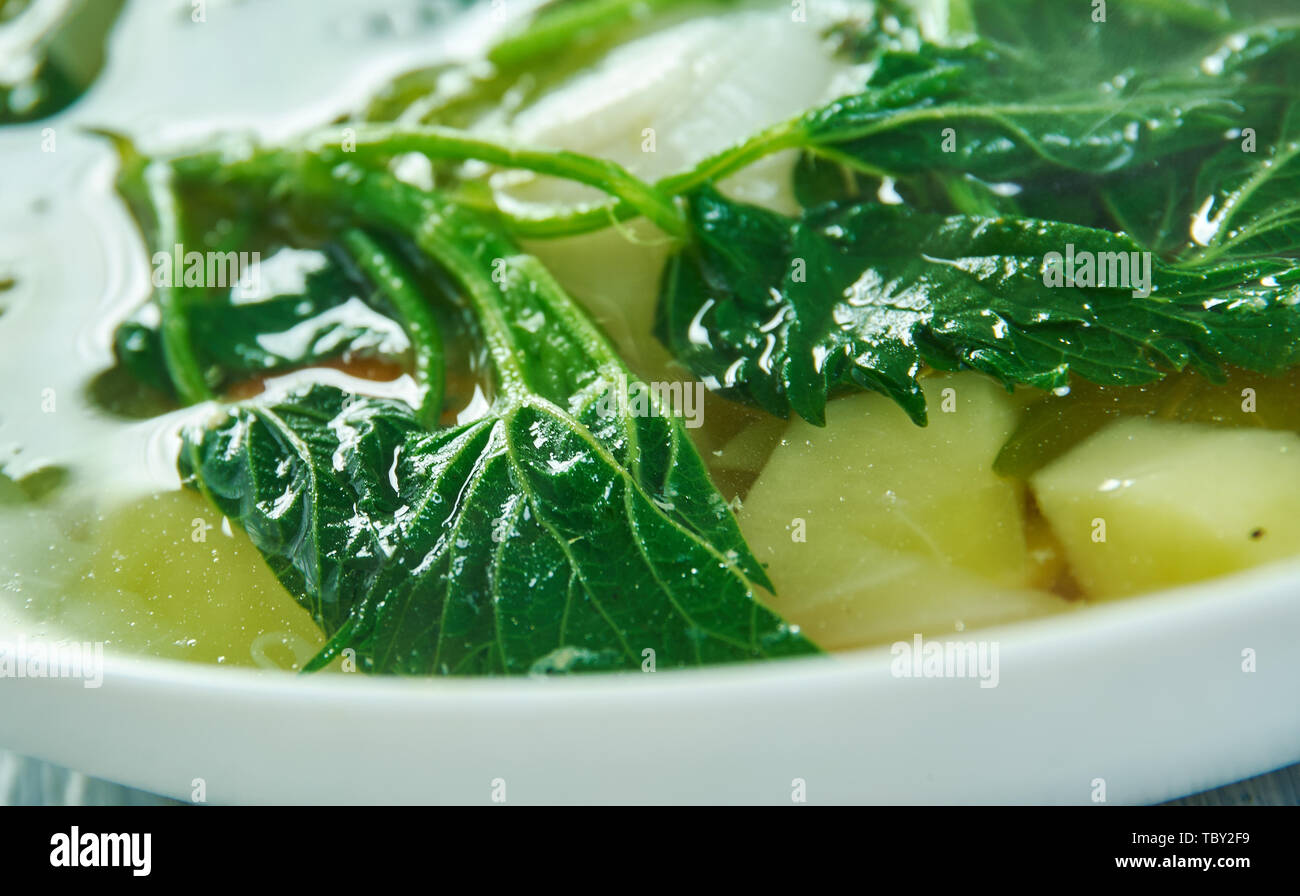 Spring vegetable soup nettle with egg, close up Stock Photo - Alamy