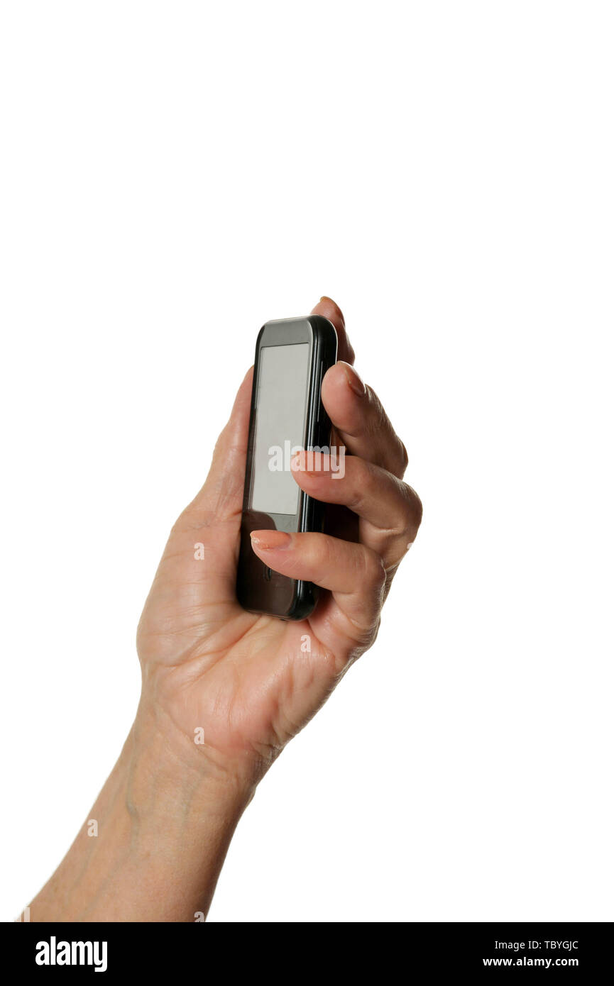 Female hand holding modern smartphone on white background Stock Photo ...