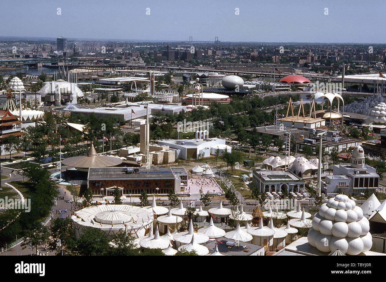 Bird's-eye view of exhibits and pavilions, on a sunny day, 1964 New ...