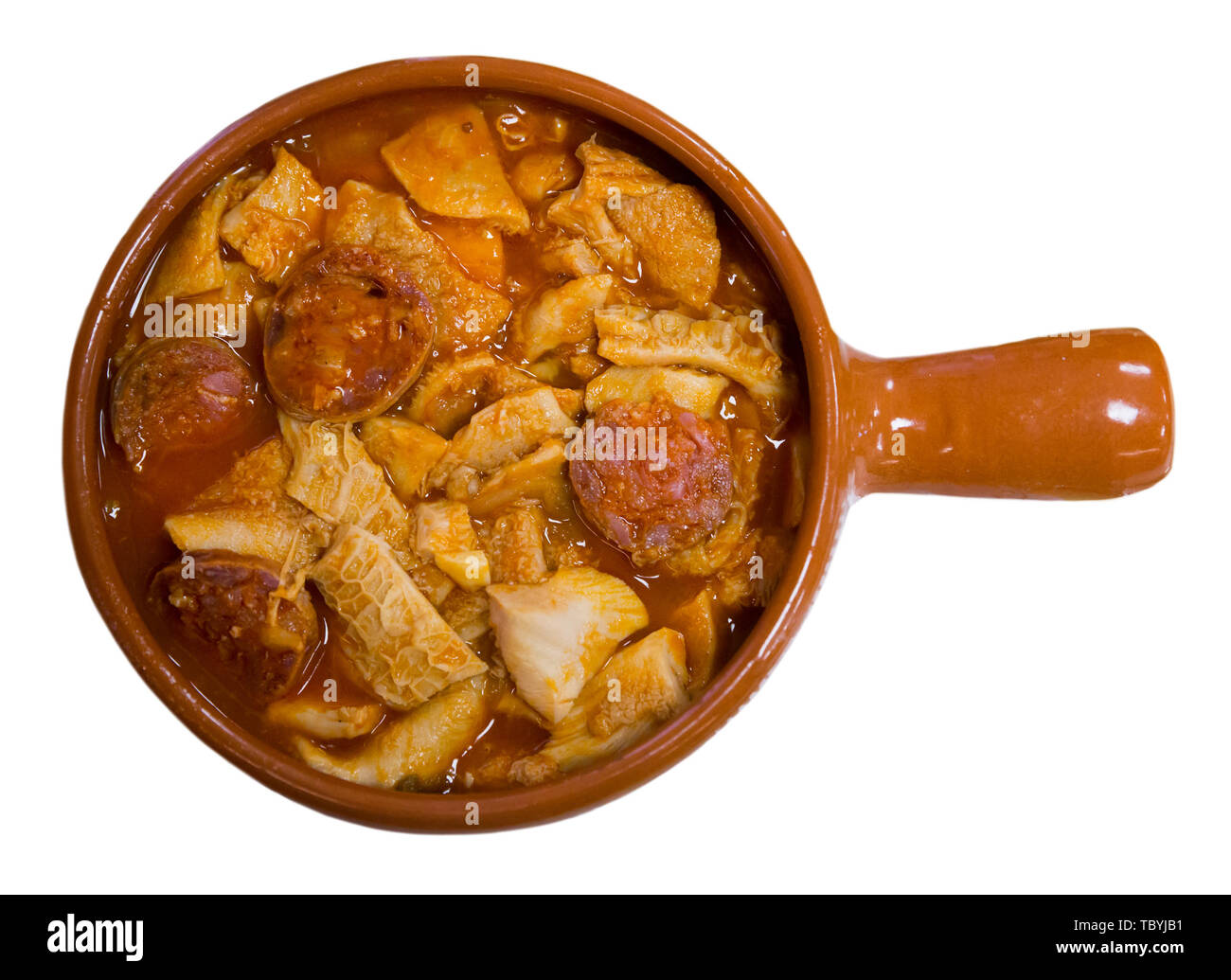 Callos – traditional Spanish stew with beef tripe and chorizo. Isolated ...