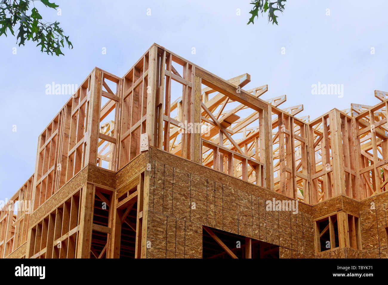 New Home Construction building of exterior wood frame and beam ...