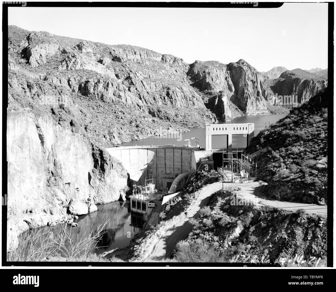 Mormon Flat Dam and reservoir. HEFU penstock and unit are at center ...