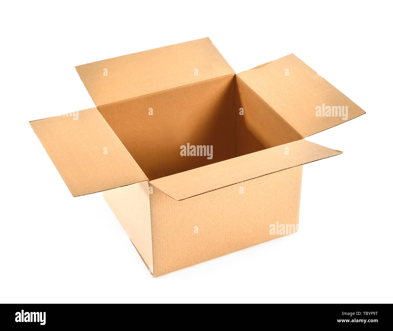 Open cardboard box on white background Stock Photo - Alamy