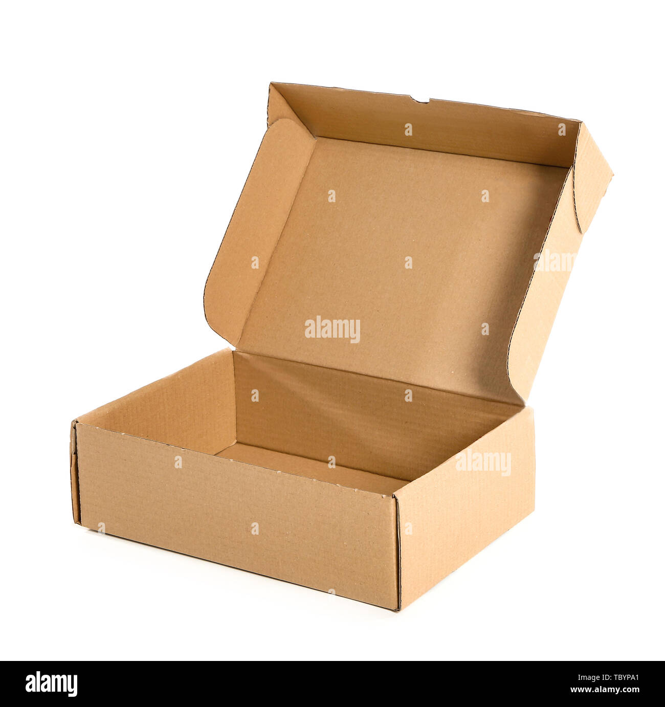 Open cardboard box on white background Stock Photo - Alamy