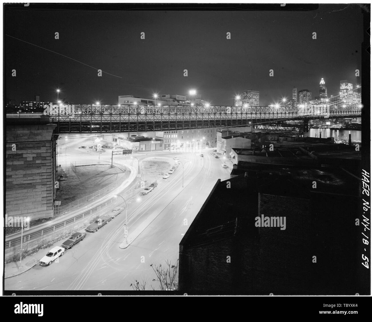 Night view looking W at Brooklyn side span and anchorage. Jet Lowe ...