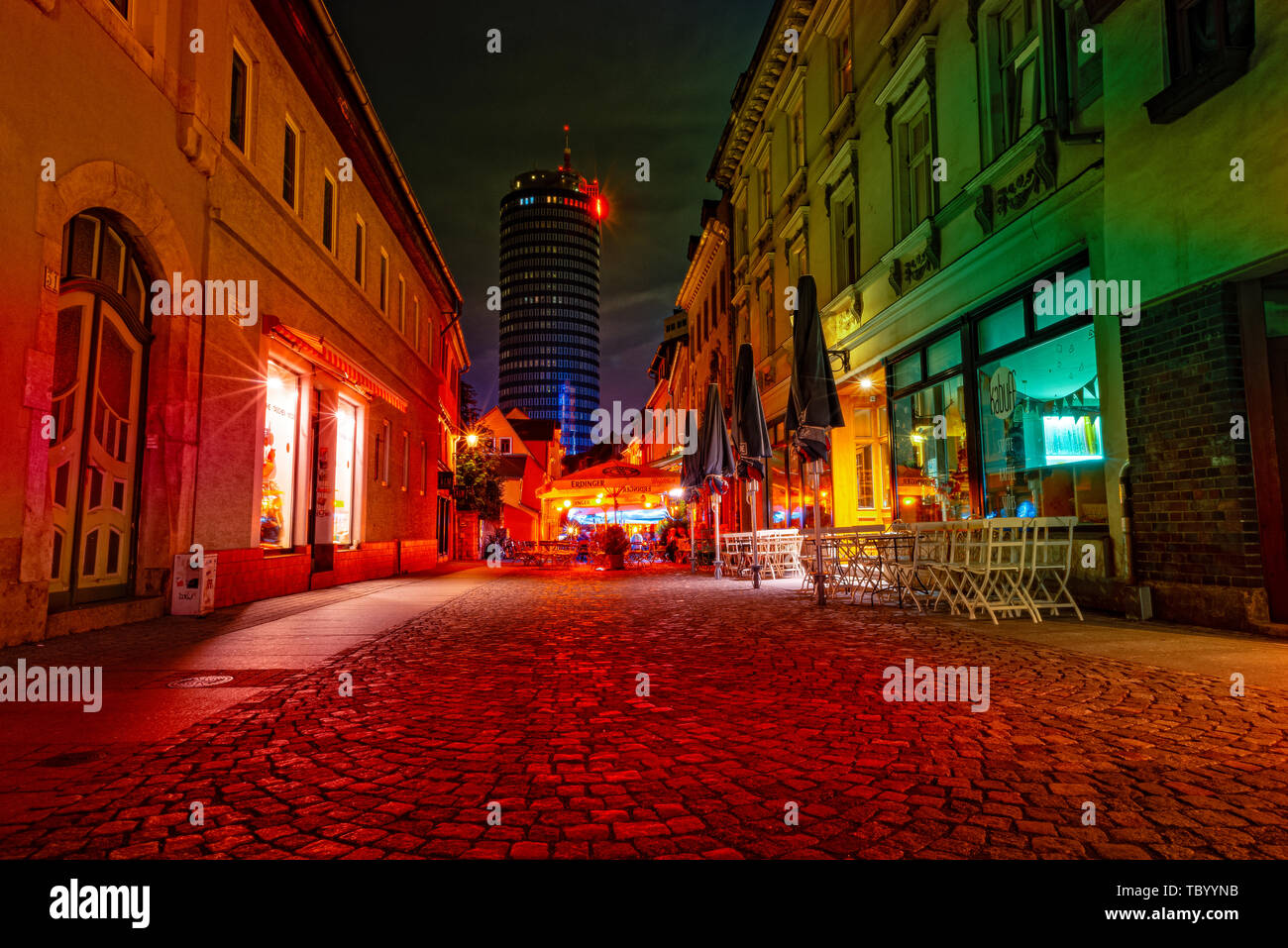 Wagnergasse Jena with Intershop Tower at night Stock Photo - Alamy