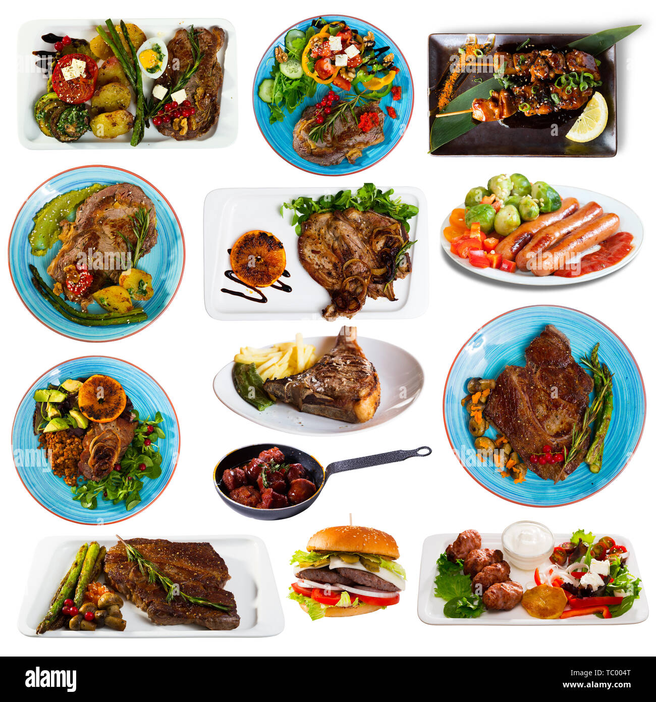 Collage of different plates of meat, pork and beef, on white background ...